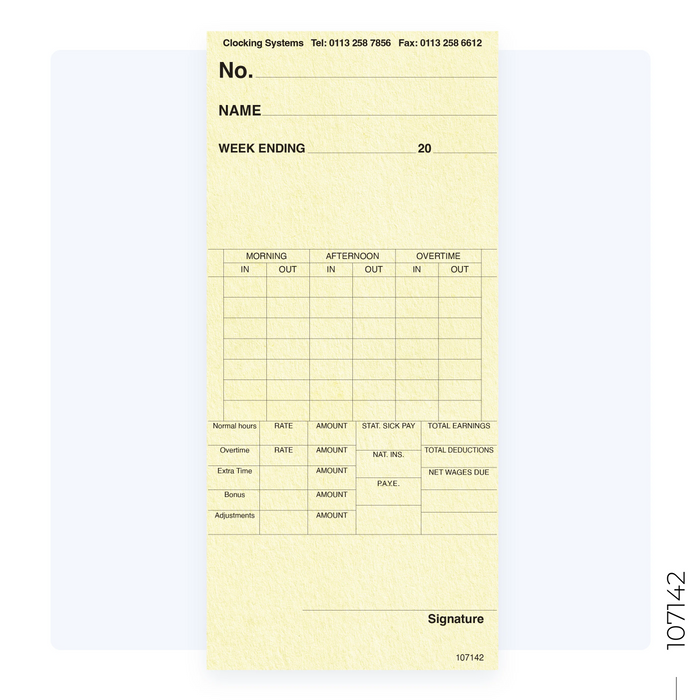 107142 Weekly Clocking Cards (Quantity 1000) — ClockingSystems